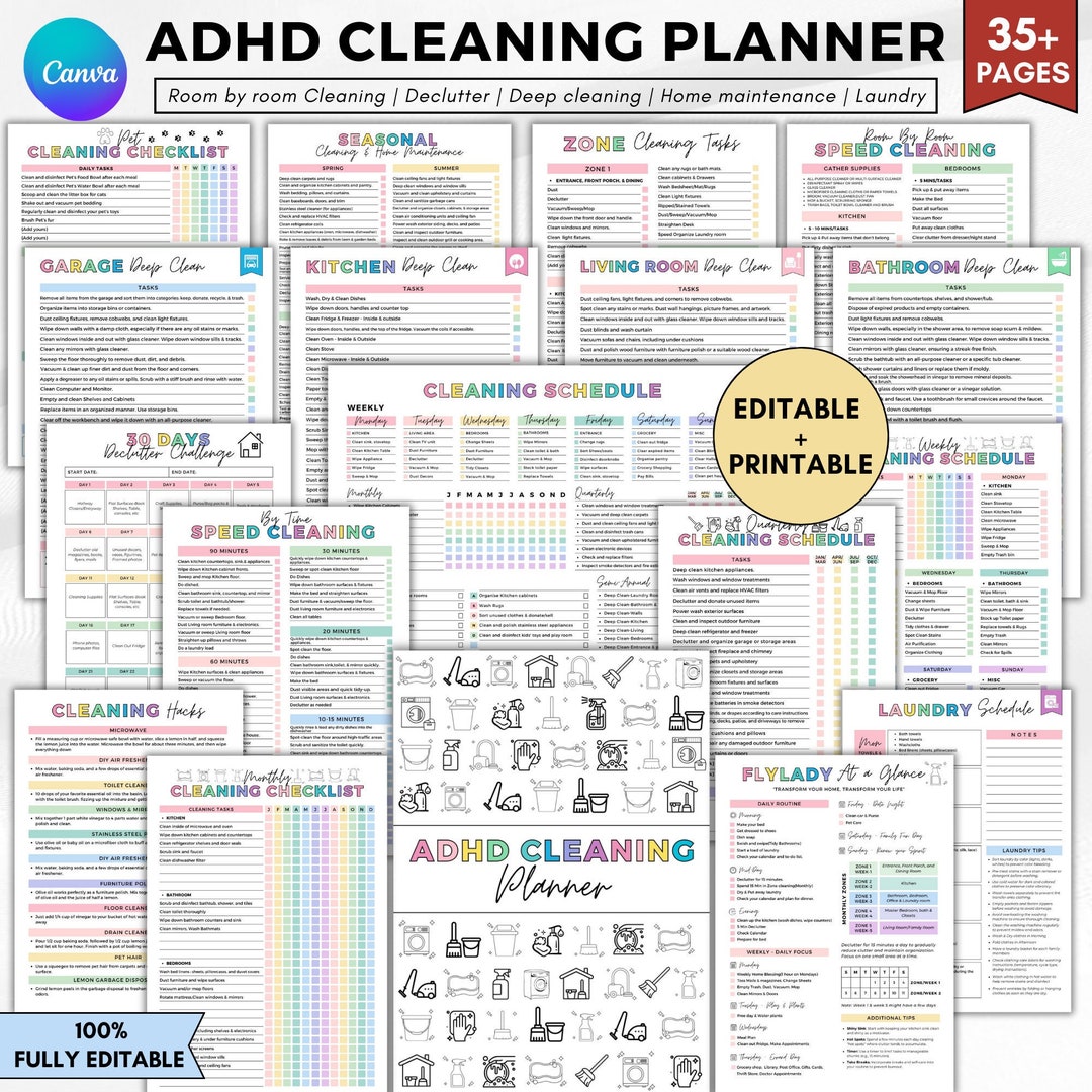 ADHD Cleaning Planner Bundle Pdf Editable Canva,home Cleaning Schedule ...