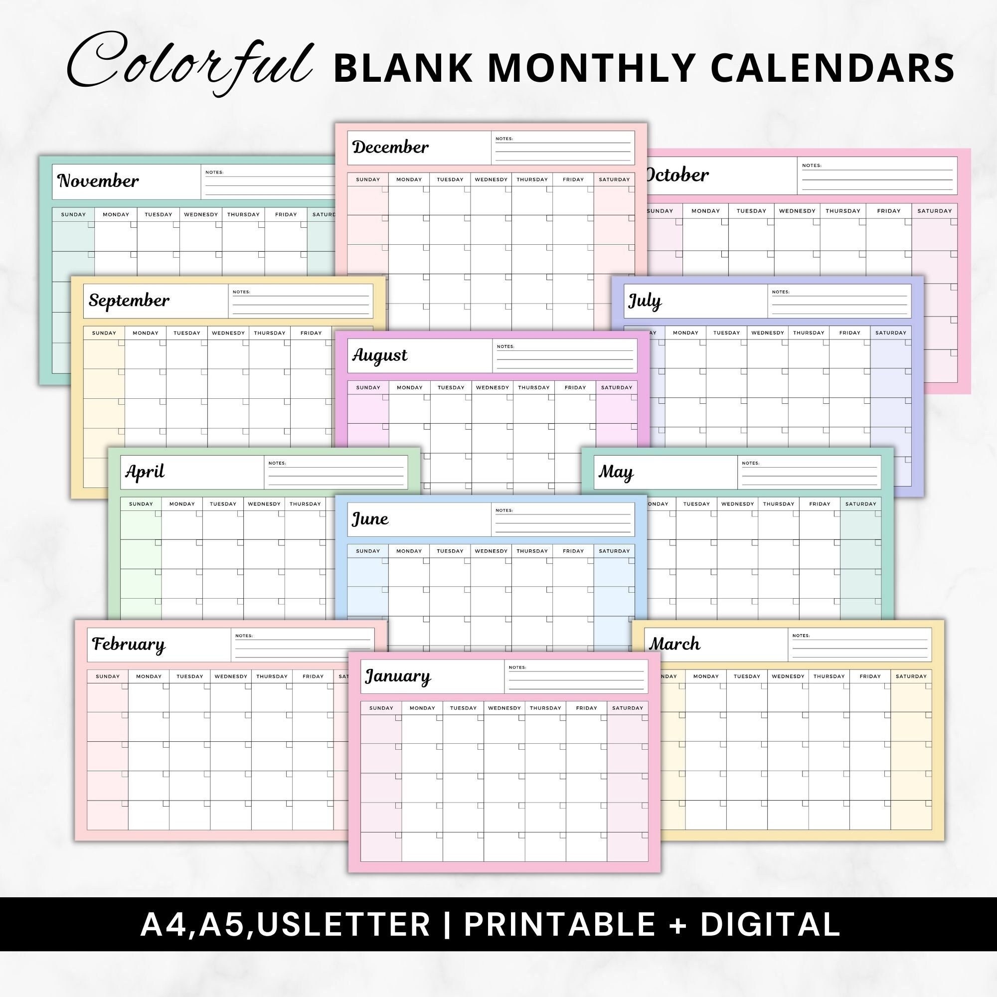 Printable 5x8 Monthly Calendar Printable 5x8 Calendar Monthly Etsy