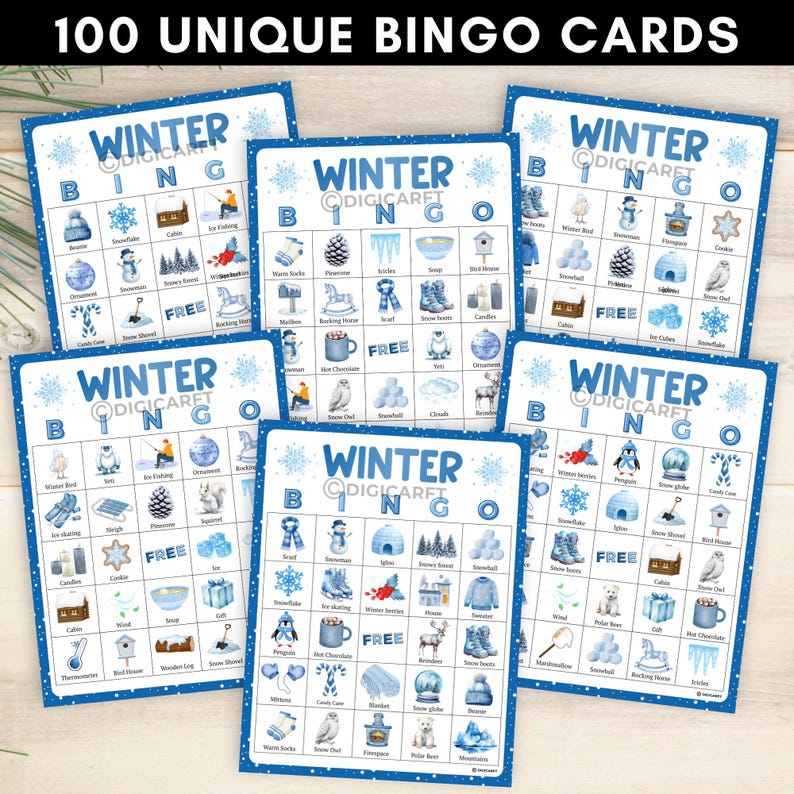 Winter Bingo Cards,100 Printable Winter Bingo Game,family Winter Party ...