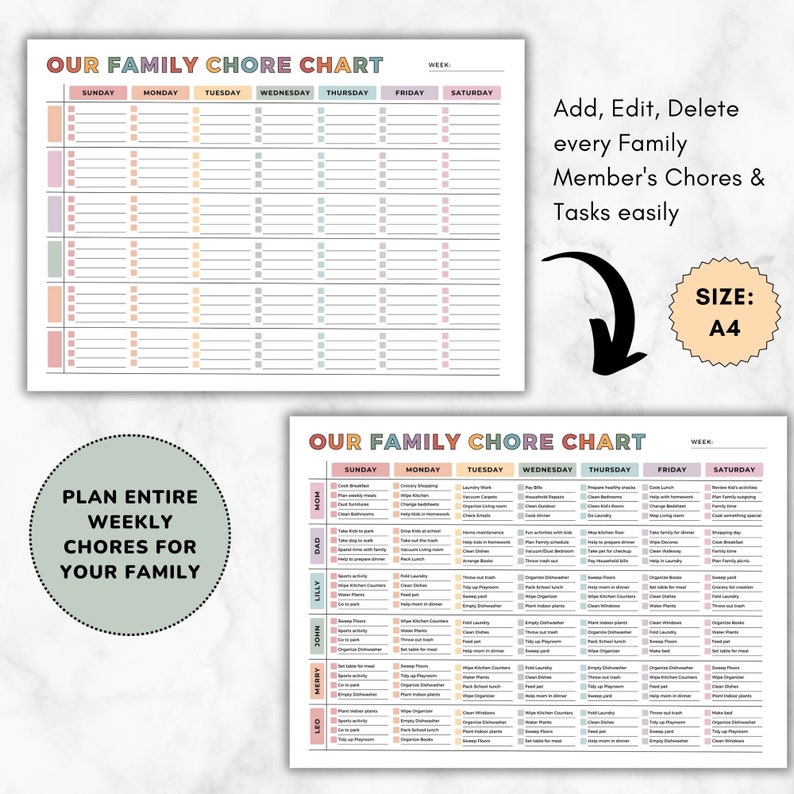 Editable Family Chore Chart: Weekly Planner, Canva Template (digital ...