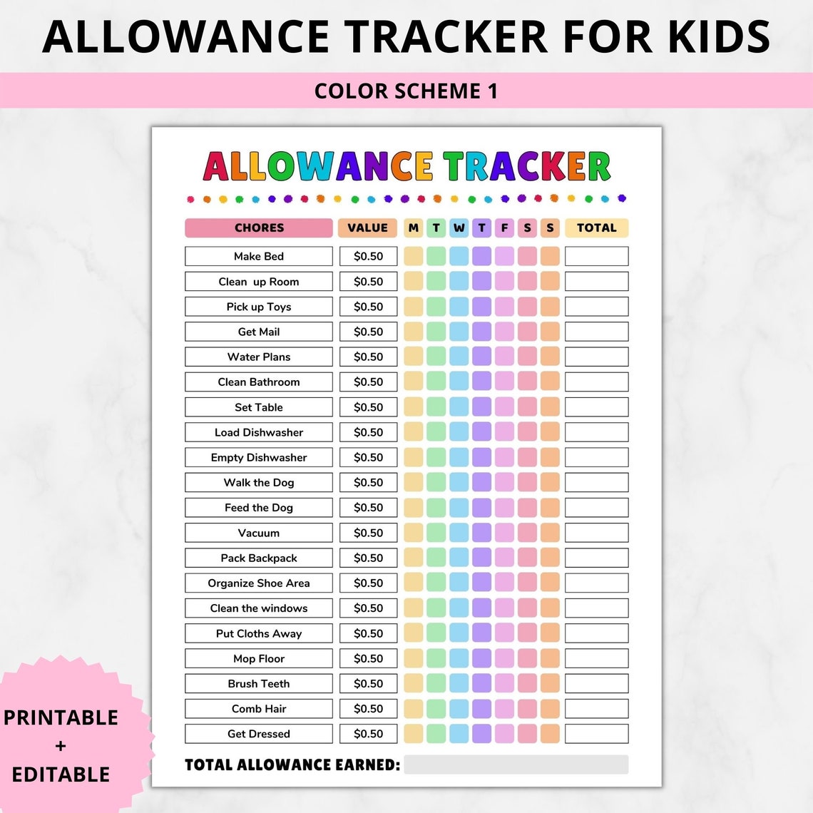 Editable Allowance Tracker for Kidsprintable Allowance Chore - Etsy