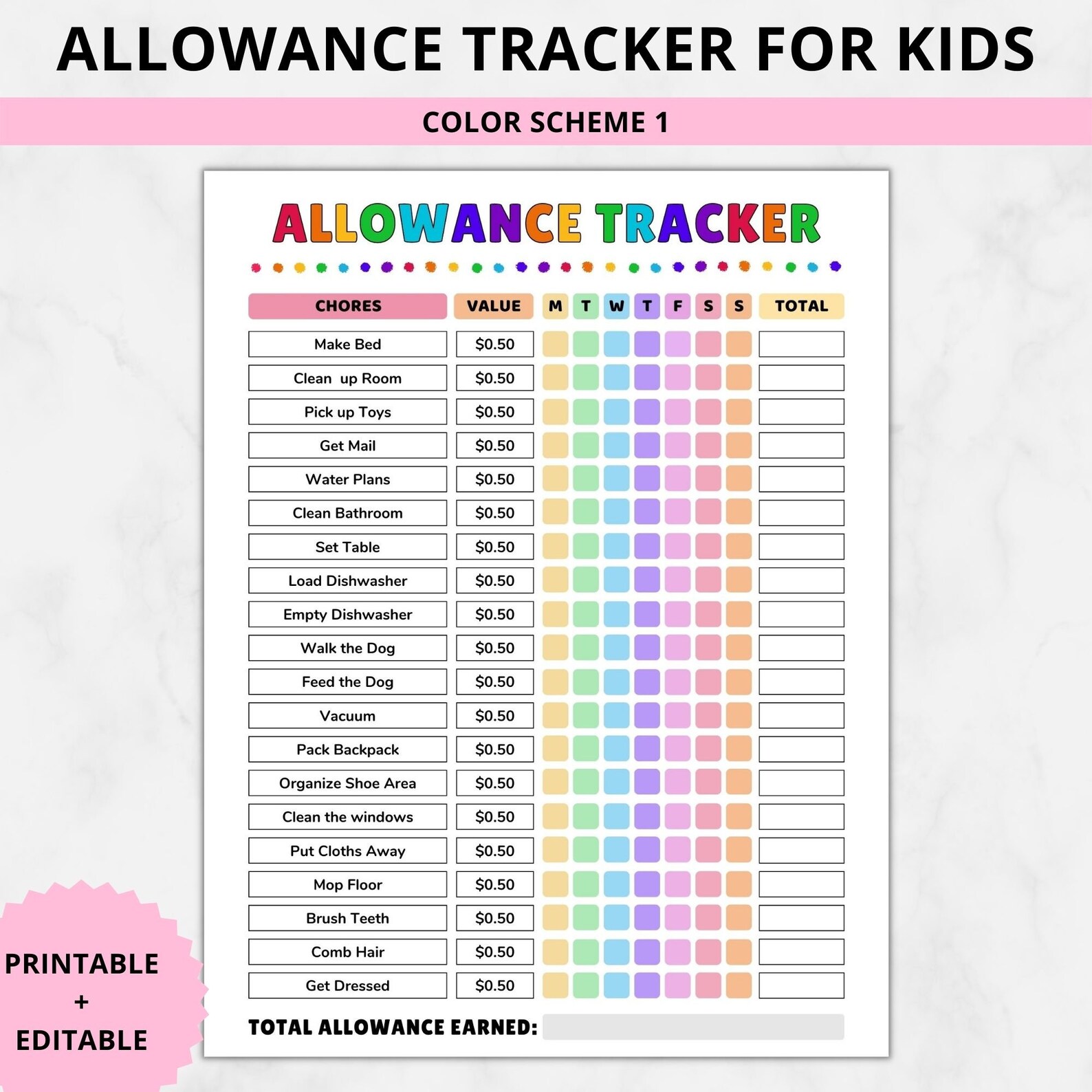Editable Allowance Tracker for Kidsprintable Allowance Chore - Etsy