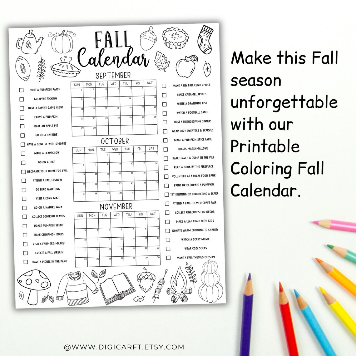 Fall Bucket List Calendar Printable,2024 Autumn Countdown Calendar ...