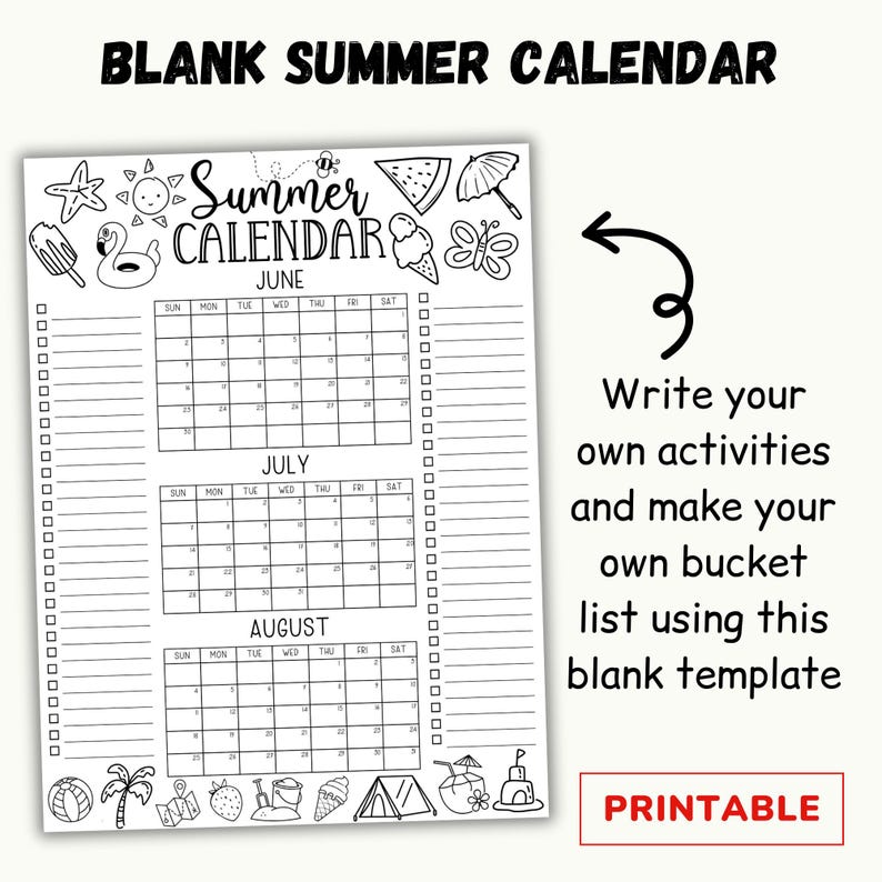 Summer Calendar 2025 Printable,summer Activities Calendar, Bucket List ...
