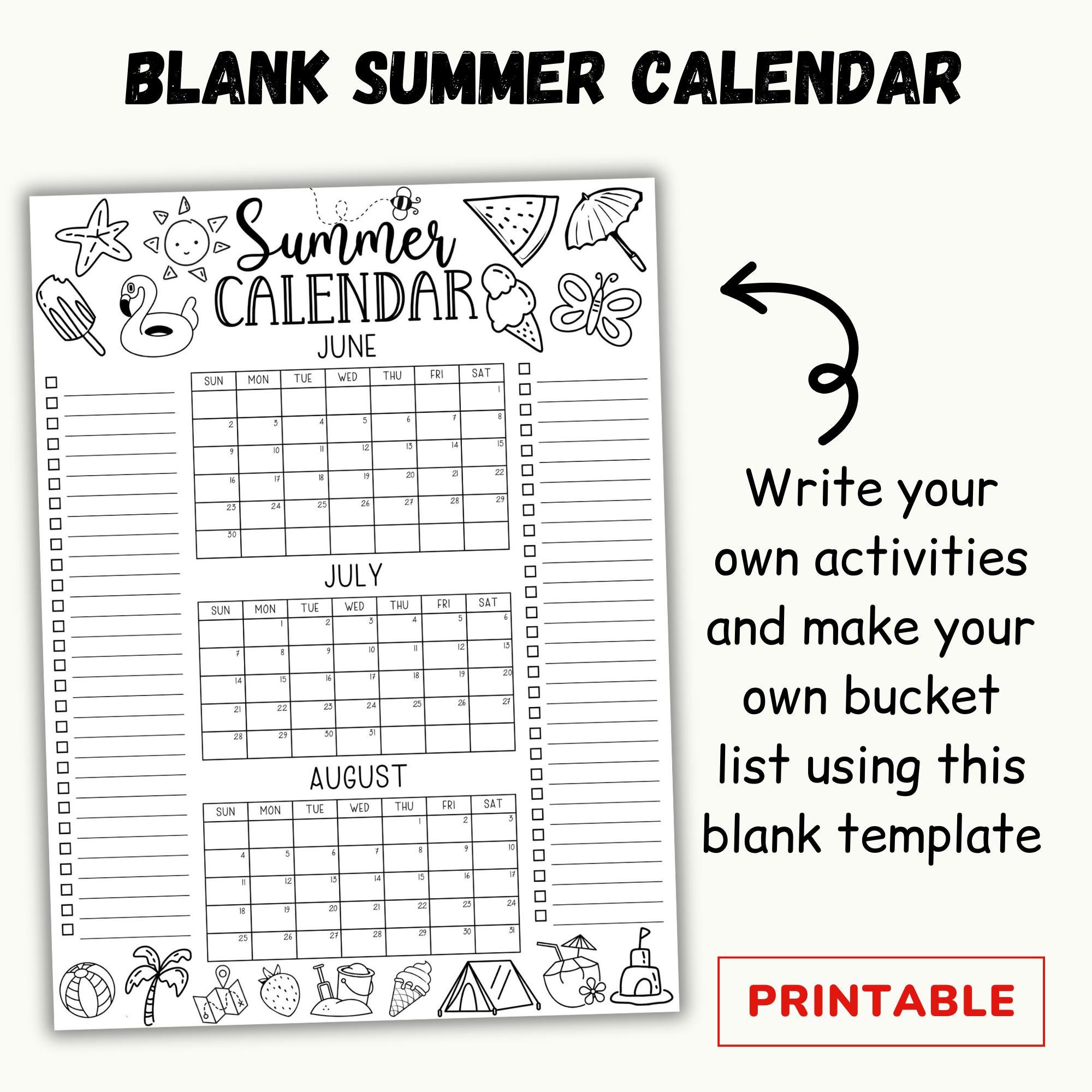 Summer Calendar 2025 Printable,summer Activities Calendar, Bucket List ...