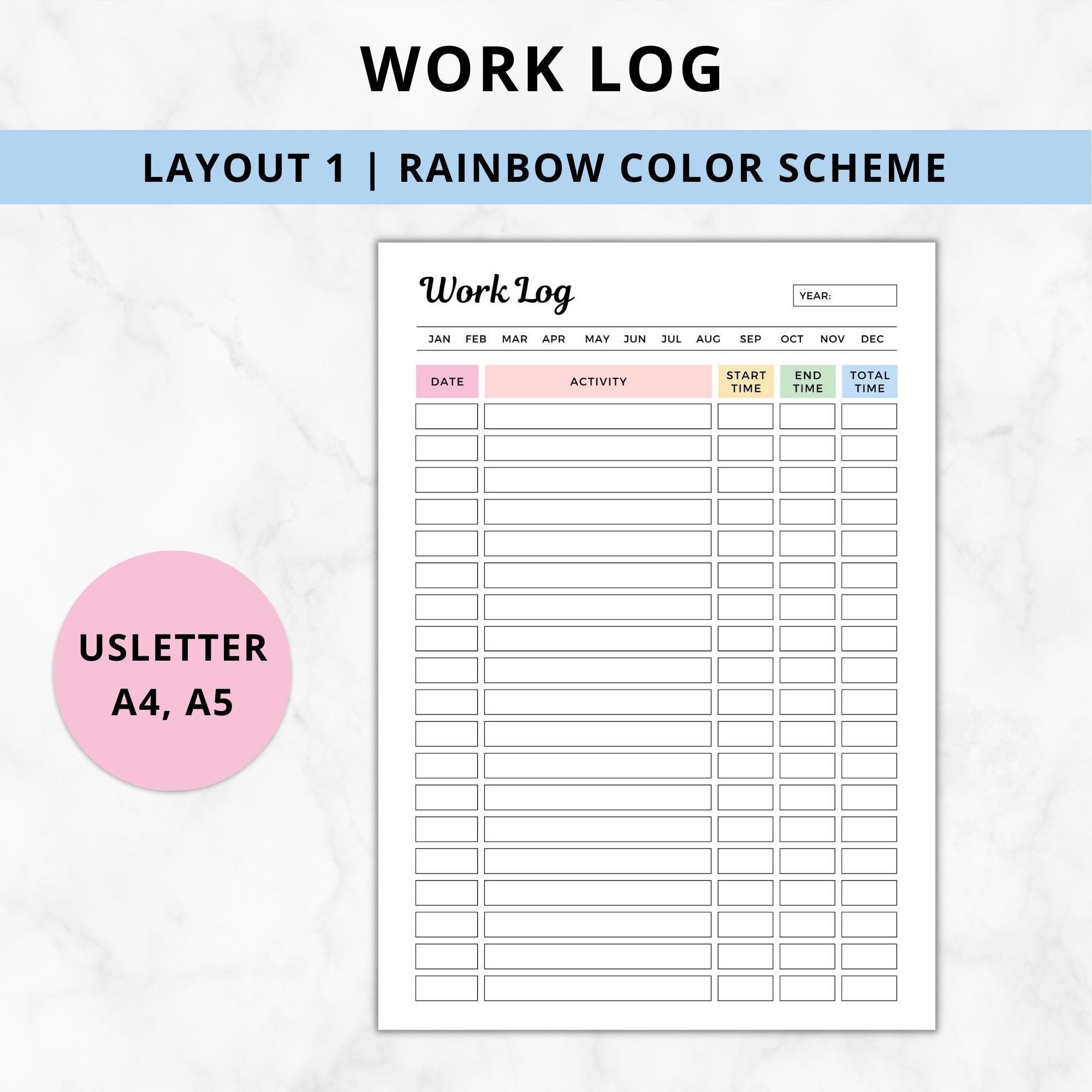 Work Log Printable,time Spent Tracker,working Hours, Work Time Log,task ...
