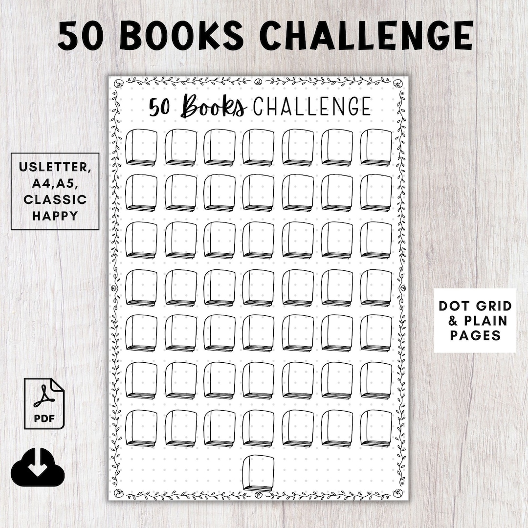 50 Book Challenge Tracker Printable,books Reading Challenge Templates ...