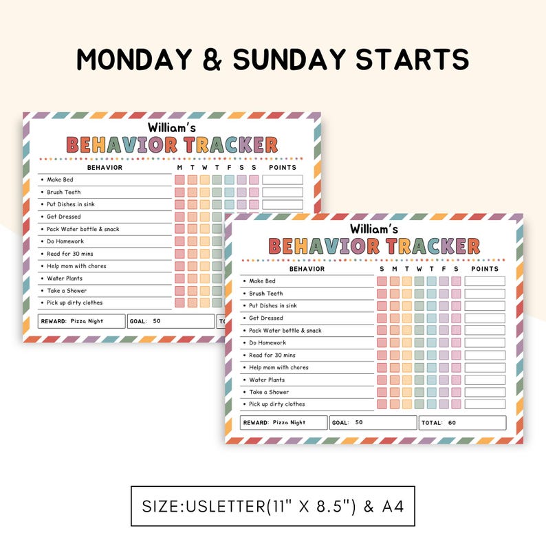 Editable Kids Behavior Chart: Reward Tracker, Chore Chart (digital ...