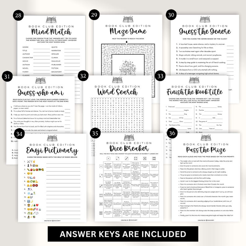 Book Club Games Bundle: 40 Printable Activities, Discussion Starters ...