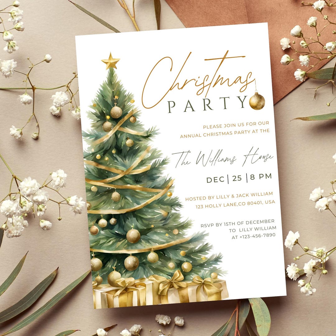Editable Christmas Party Invitations Template,gold Christmas Dinner ...