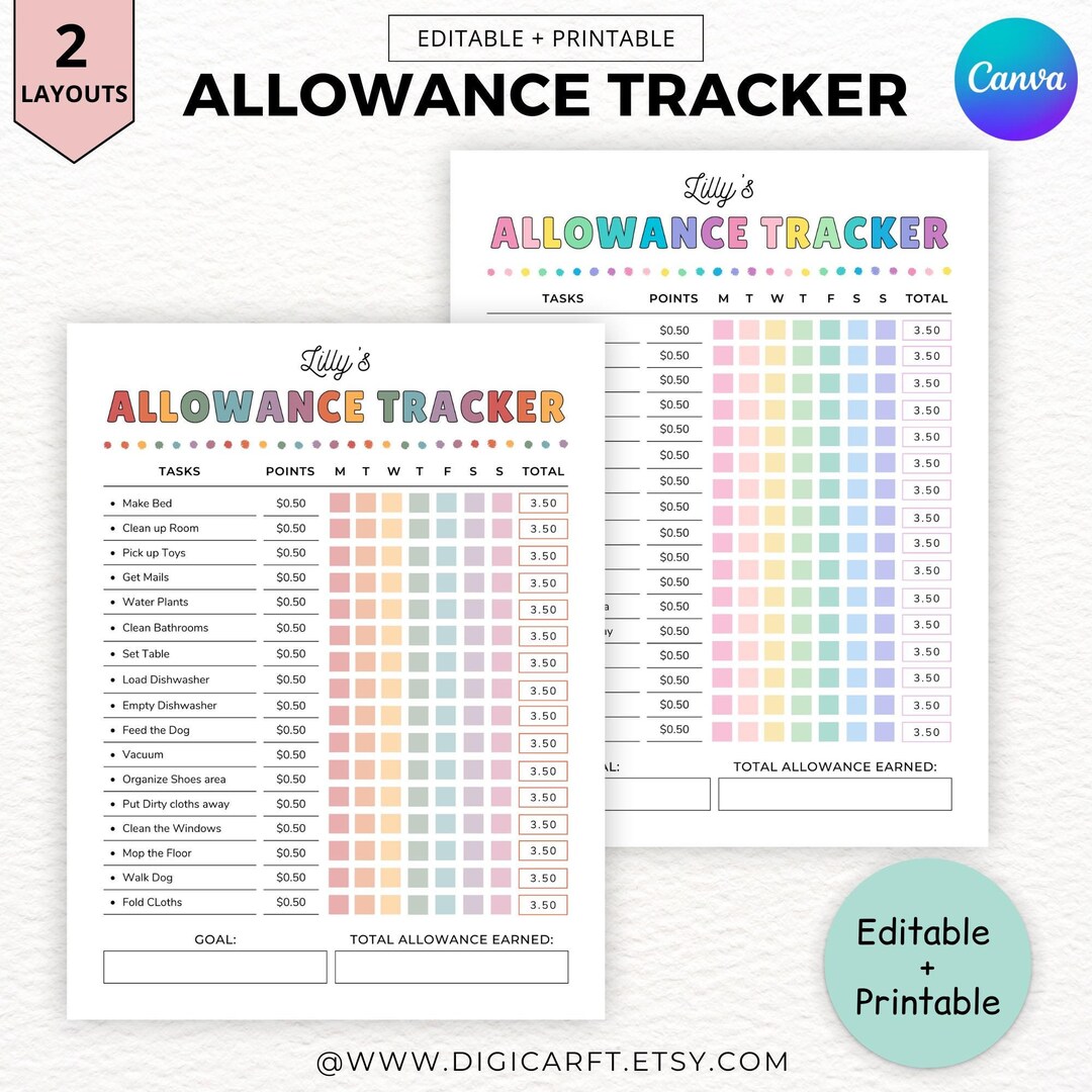 Editable Allowance Tracker for Kids,printable Allowance Chore Chart ...