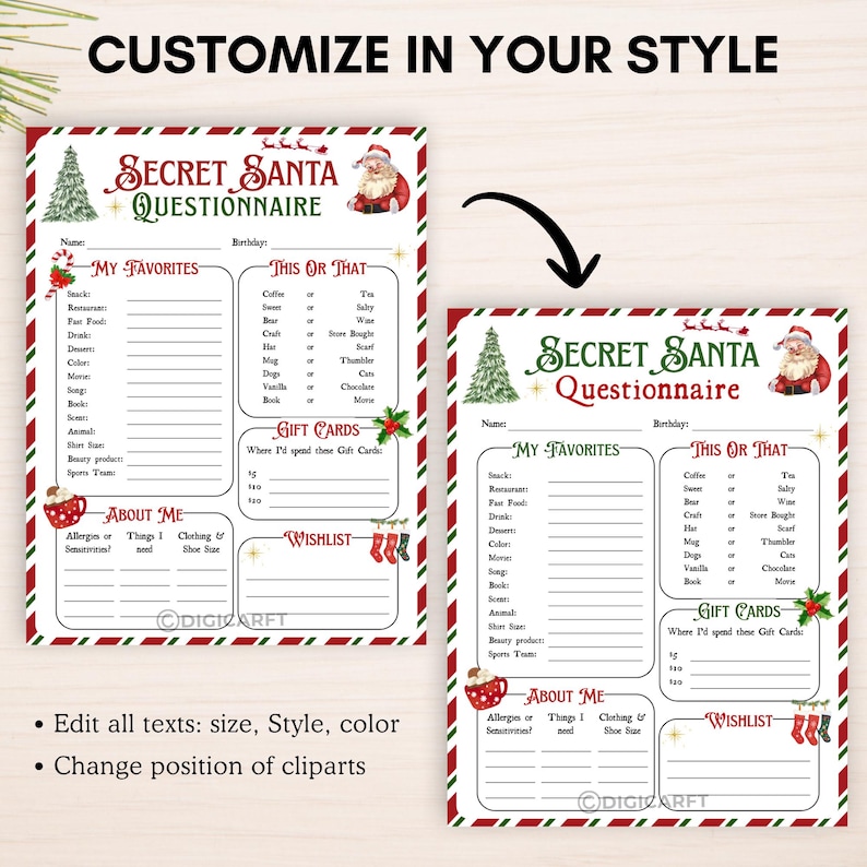Secret Santa Questionnaire Editable for Coworkers,secret Santa Survey ...