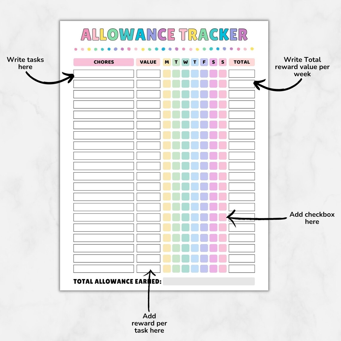 Editable Allowance Tracker for Kidsprintable Allowance Chore - Etsy