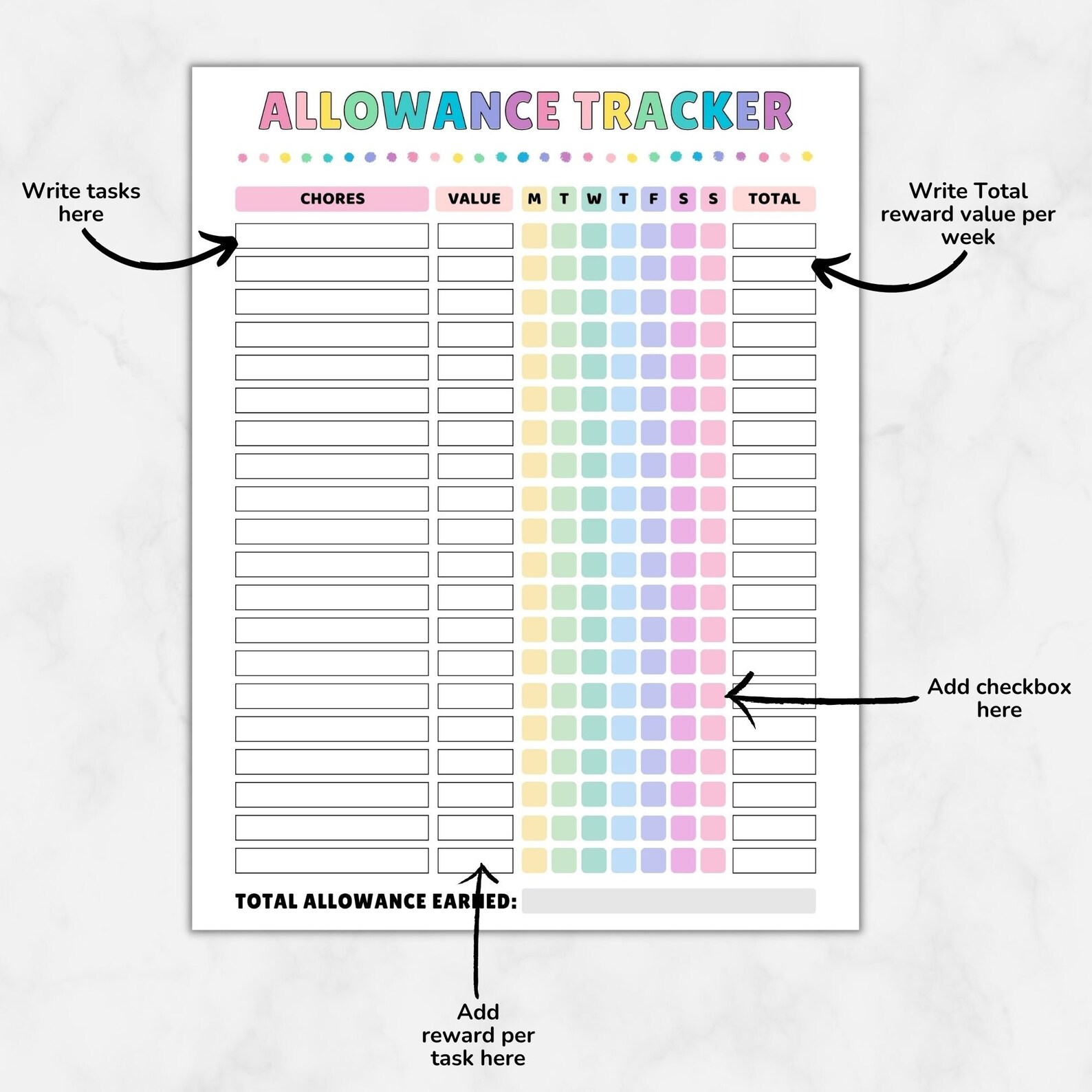 Editable Allowance Tracker for Kidsprintable Allowance Chore - Etsy