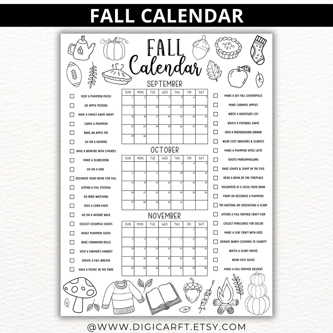 Fall Bucket List Calendar Printable,2024 Autumn Countdown Calendar ...