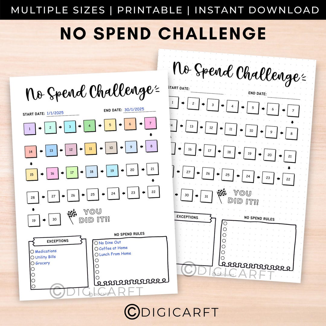 No Spending Challenge Printable A5,no Spend Day Savings Tracker Sheet ...