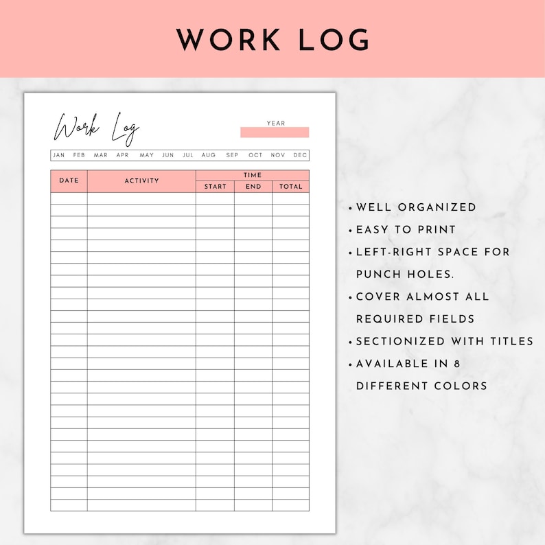 Work Log Printabletime Spent Trackerworking Hours Work Time - Etsy