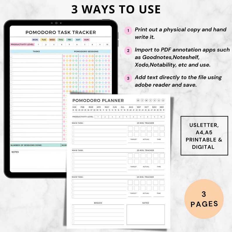 Pomodoro Planner Printable,productivity Planner Ipad,study Session ...