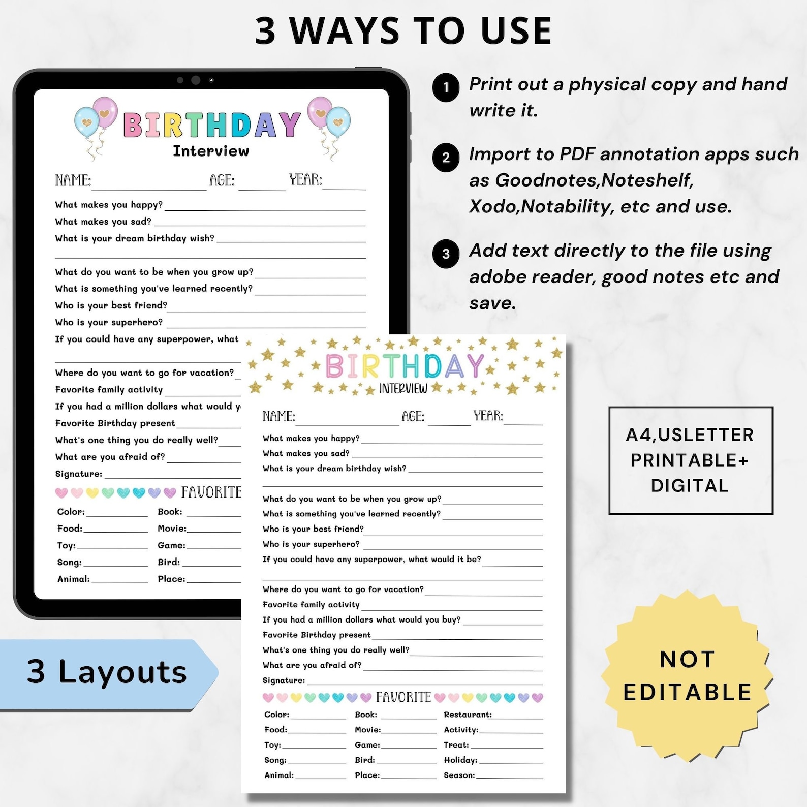 Printable Birthday Interview Kids Birthday Interview Form Printable ...