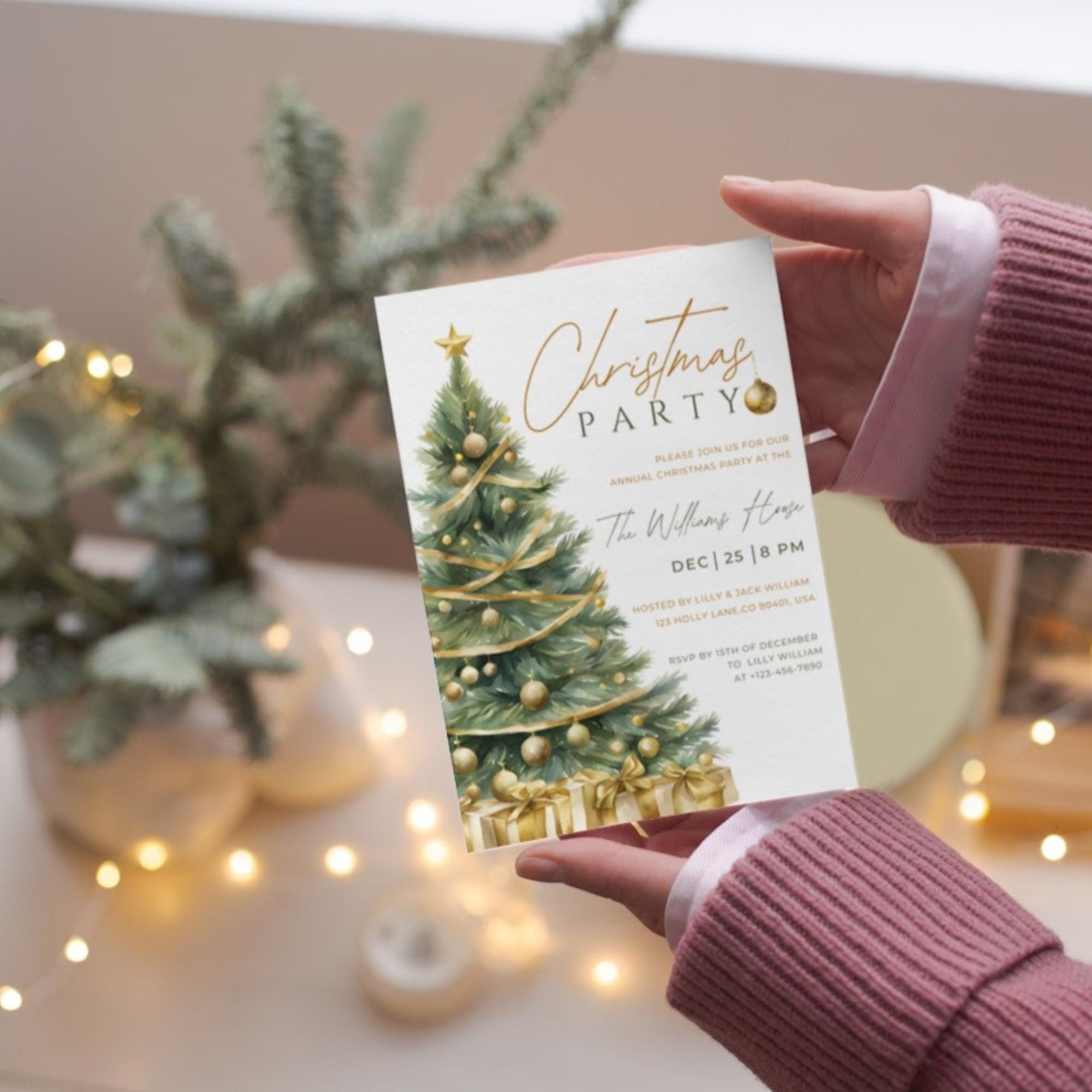 Editable Christmas Party Invitations Template,gold Christmas Dinner ...