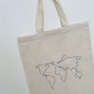Hand Embroidered Tote Bag Minimalist World Map Design One | Etsy