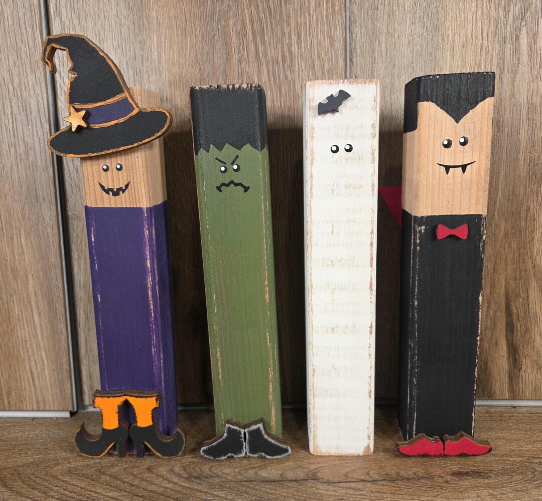 Rustic Wood Halloween Character Set: Vampire, Witch, Frankenstein ...
