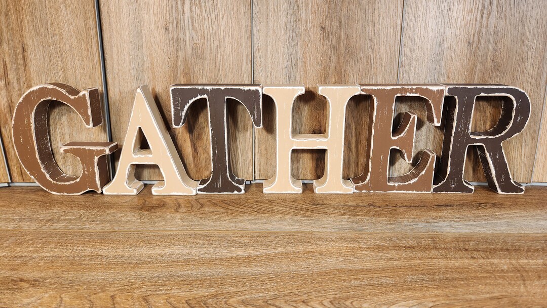 GATHER, Rustic Wood Farmhouse Distressed Letters for a Family Mantel or ...