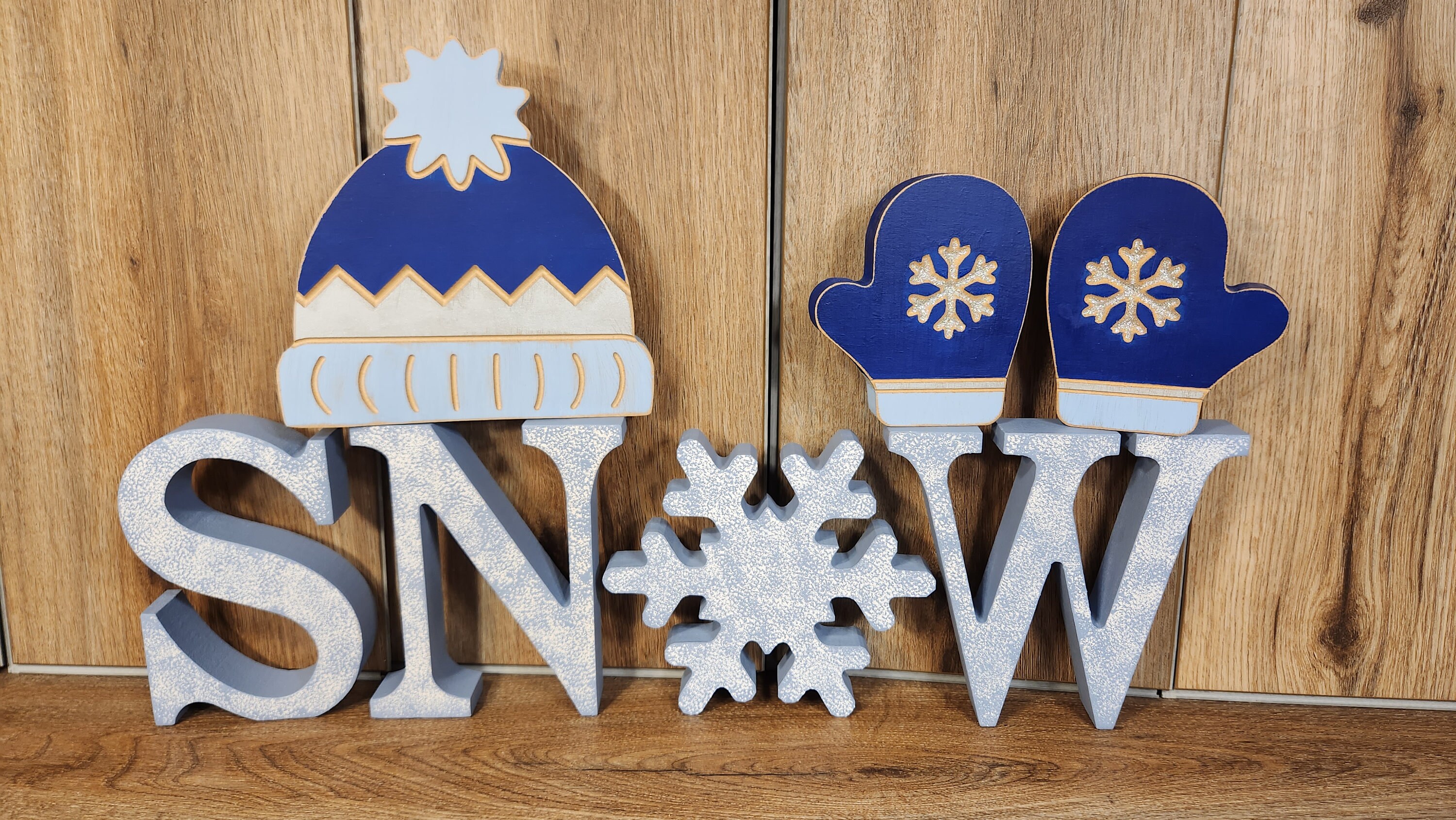 SNOW! Free Standing Distressed Wood Letters and Winter Hat for Seasonal ...