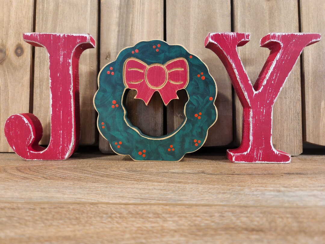 JOY Wood Letters With Wreath: Distressed Holiday Decor - Etsy