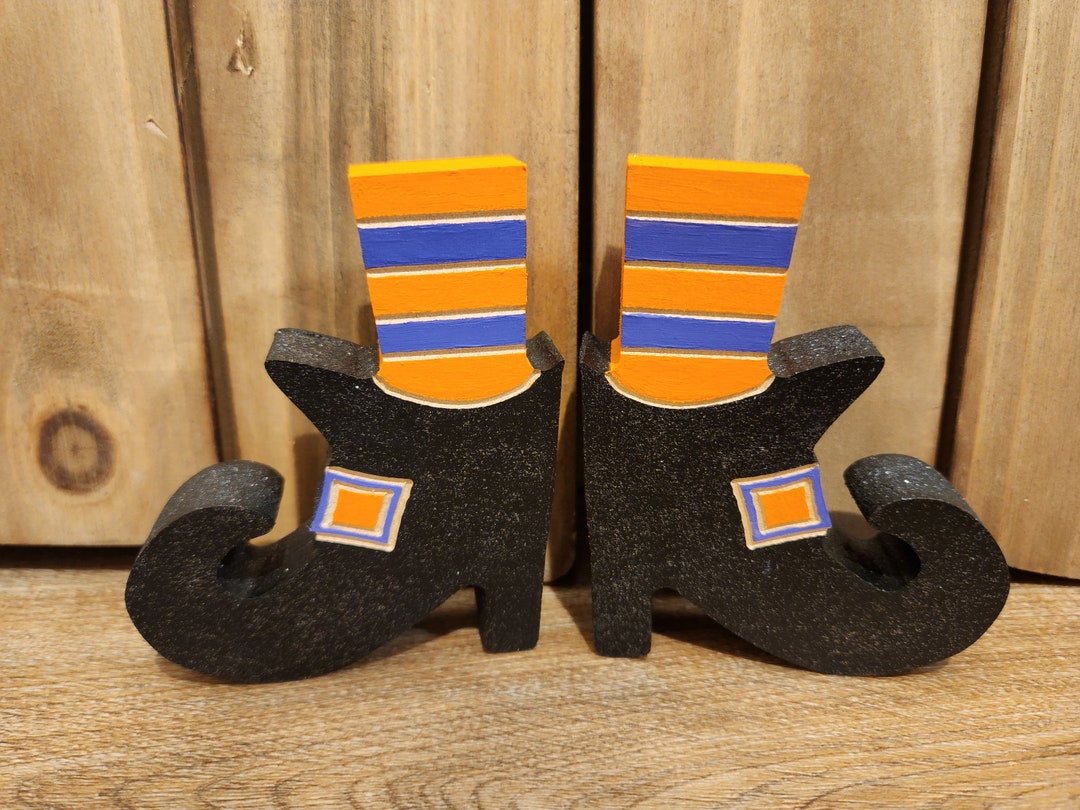 Fun and Festive Wood Witch Shoes and Socks for Halloween Decor, Tiered ...
