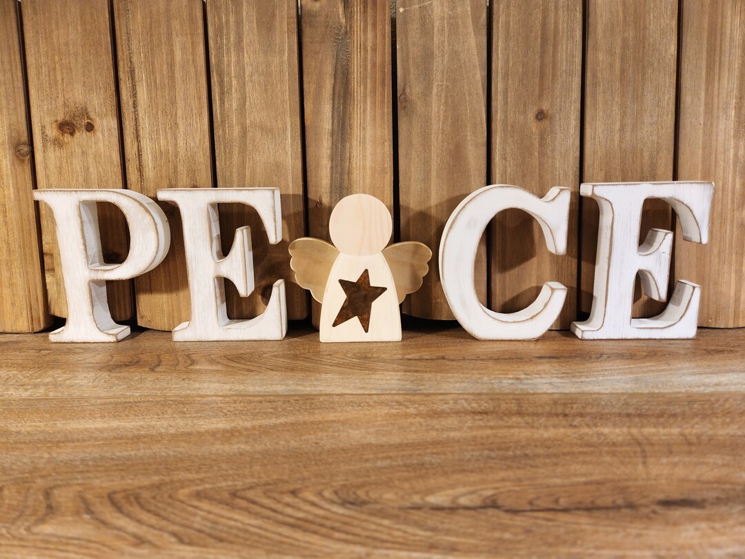PEACE Free Standing Wood Letters and Angel With Rustic Metal - Etsy