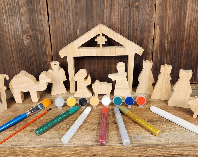 16 Piece, DIY, Wood Nativity Set Kit, Includes Baby Jesus, Mary, Joseph ...