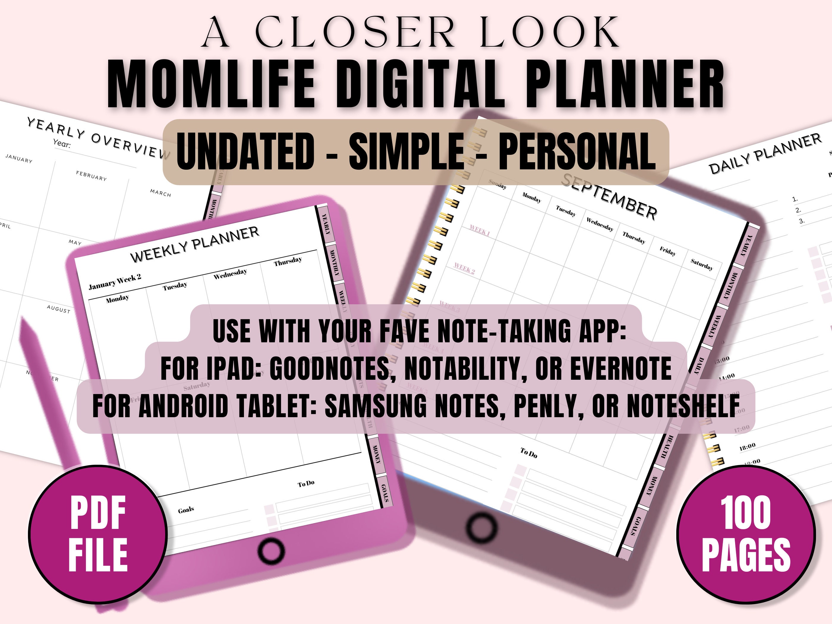 Pink Digital Planner Undated Vertical for iPad or Tablet Monthly Weekly ...