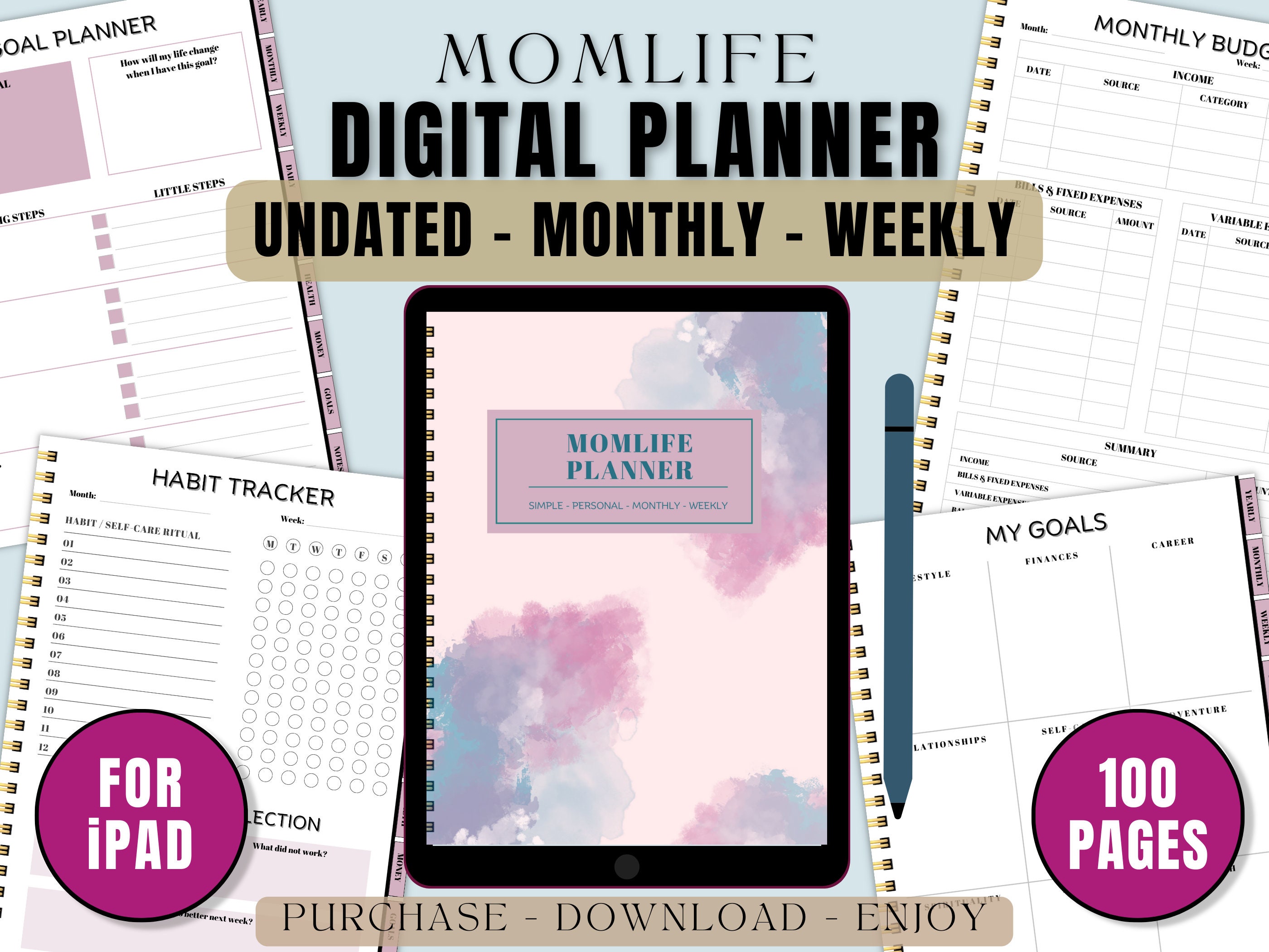Pink Digital Planner Undated Vertical for iPad or Tablet Monthly Weekly ...