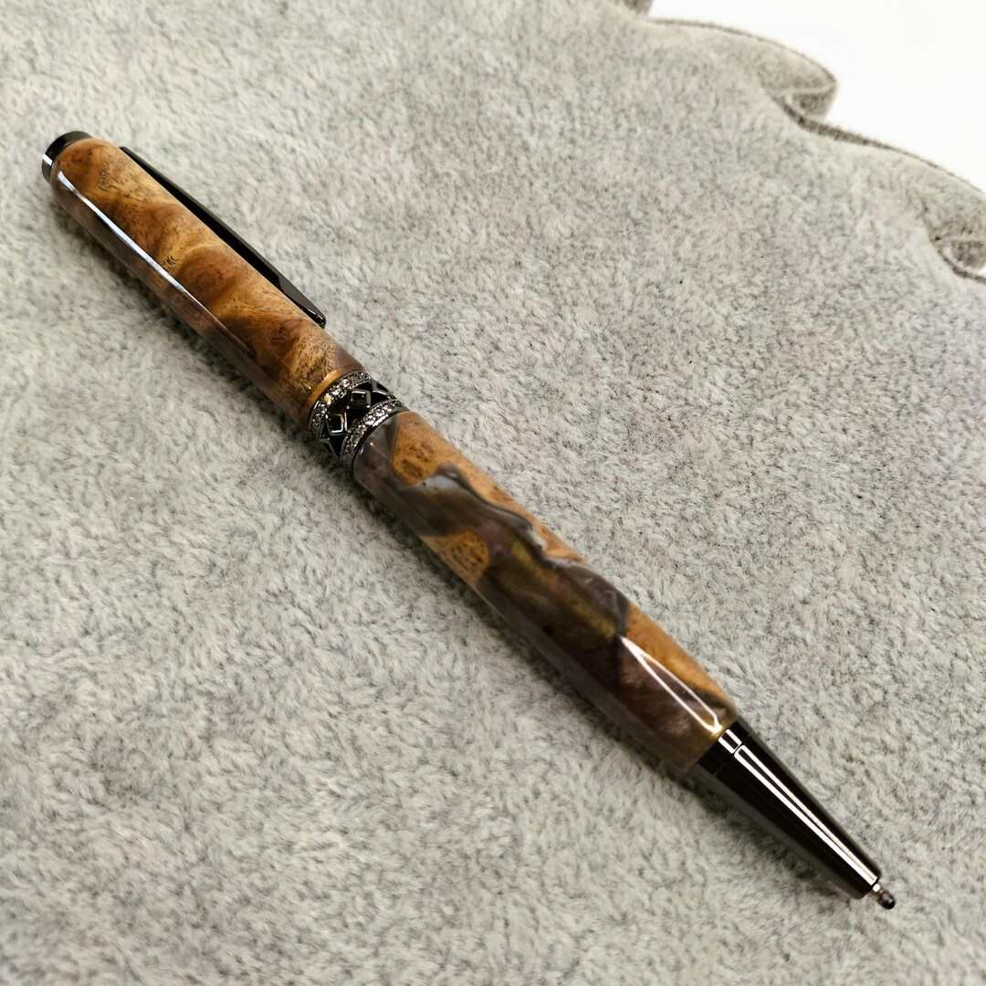 Hand Turned Wooden Pen - Grey, White, Red Resin Swirl Pen With ...
