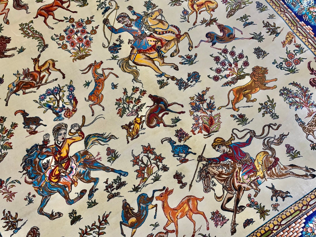 4x6 Feet Oriental Hunting Scene Rug Bamboo Silk Rug Animal Design Rug ...