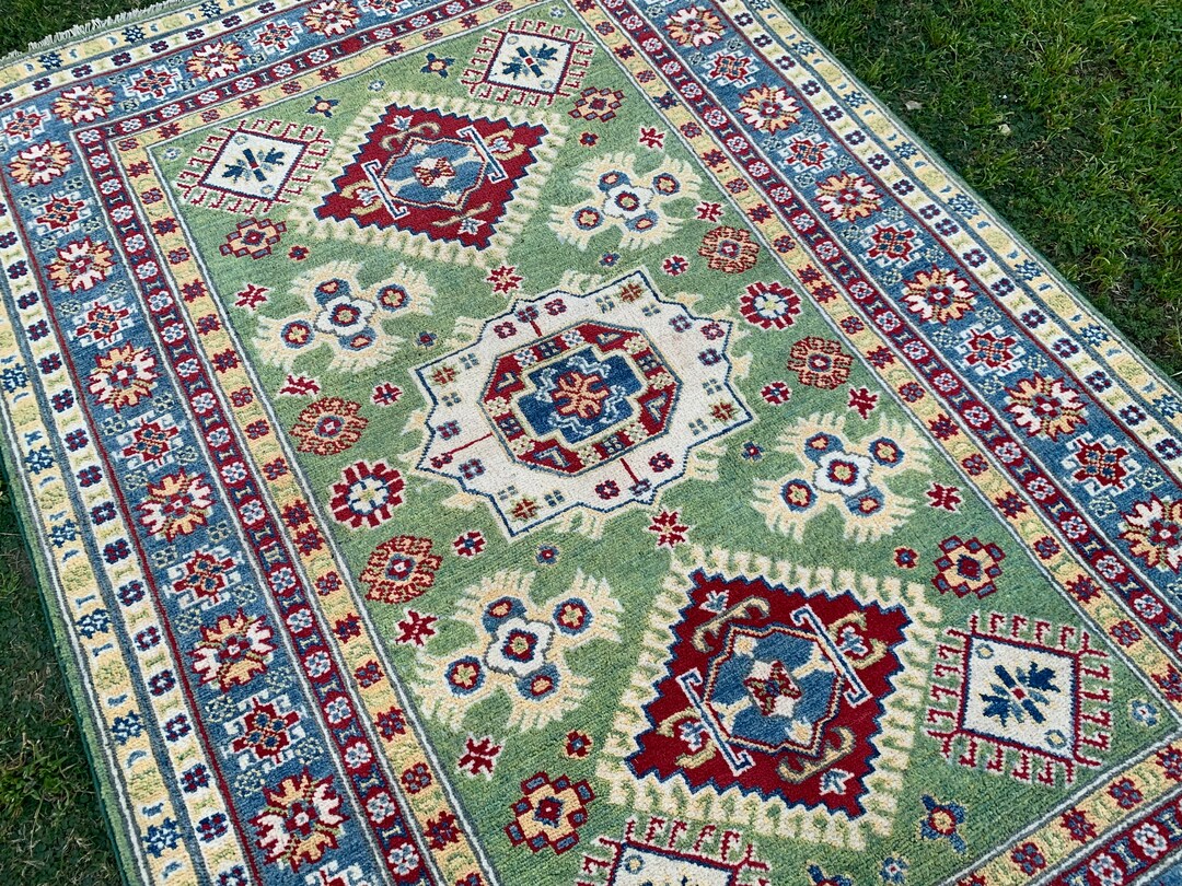 Parrot Green 4x6 Tribal Karaja Rug Handknotted Afghan Natural Wool Rug ...