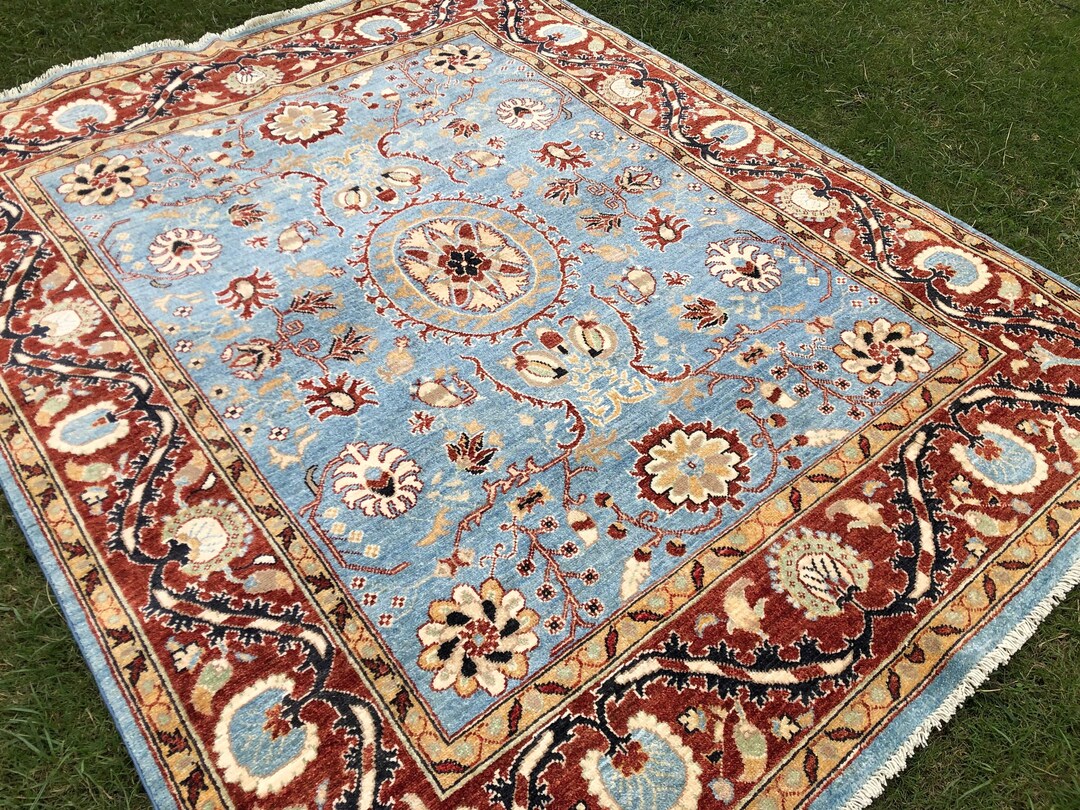 5x7 Blue Afghan Rug Handknotted Natural Wool Rug Made W/ Organic Dyes ...