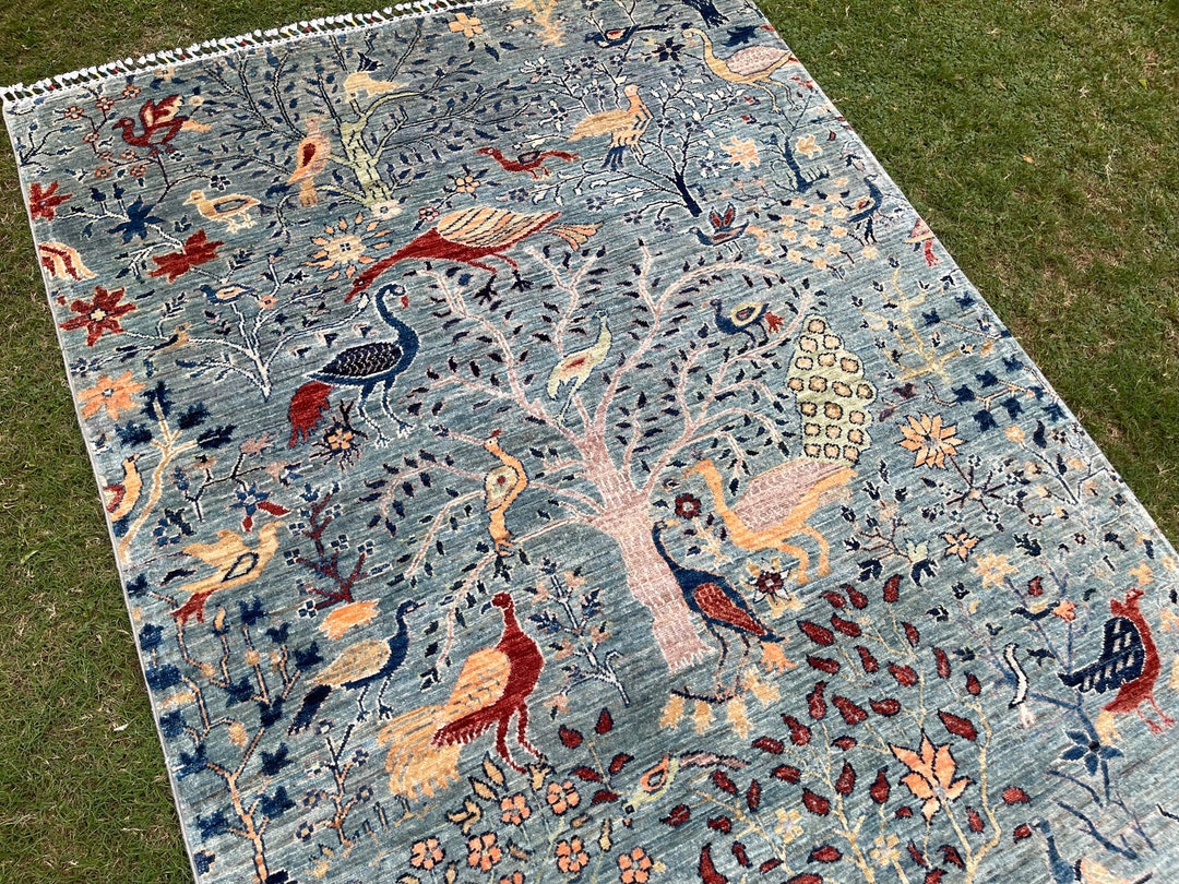 5x7ft. Bird Area Rug Handmade Afghan Rug Bluish Light Gray Rug Rugs for ...