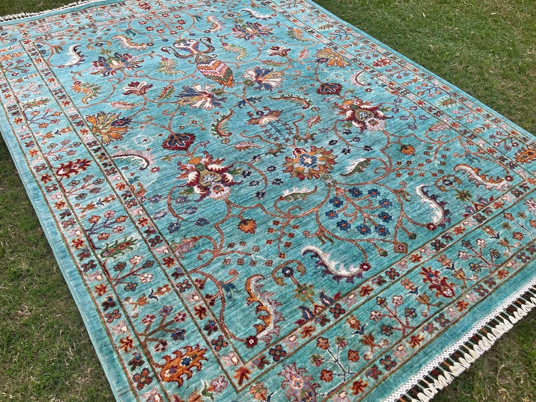 Turquoise 5x7 Ft. Sultani Area Rug Handknotted Afghan Rug Turquoise Rug ...