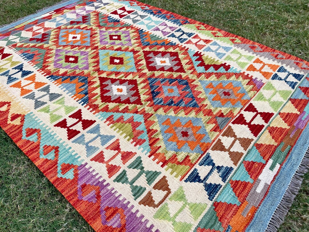 3x5 Ft. Kilim Area Rug Handwoven Flat Weave Afghan Rug Turquoise Purple ...