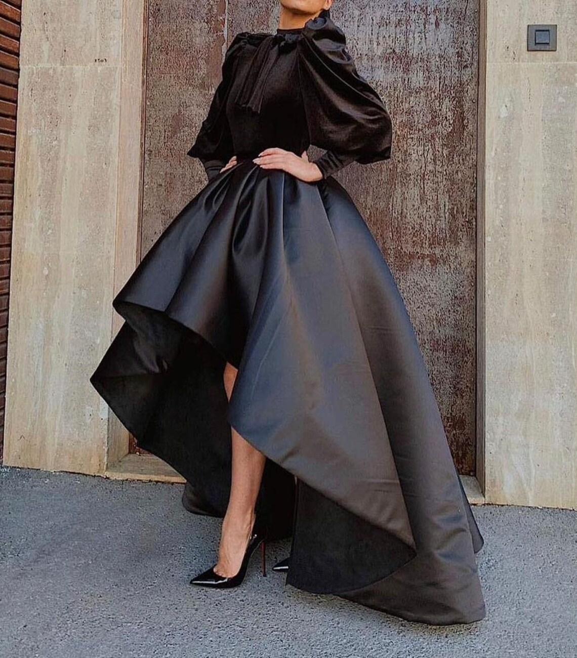 Black Balloon Sleeve Tie Neck High-low Dress Velvet and Satin ...