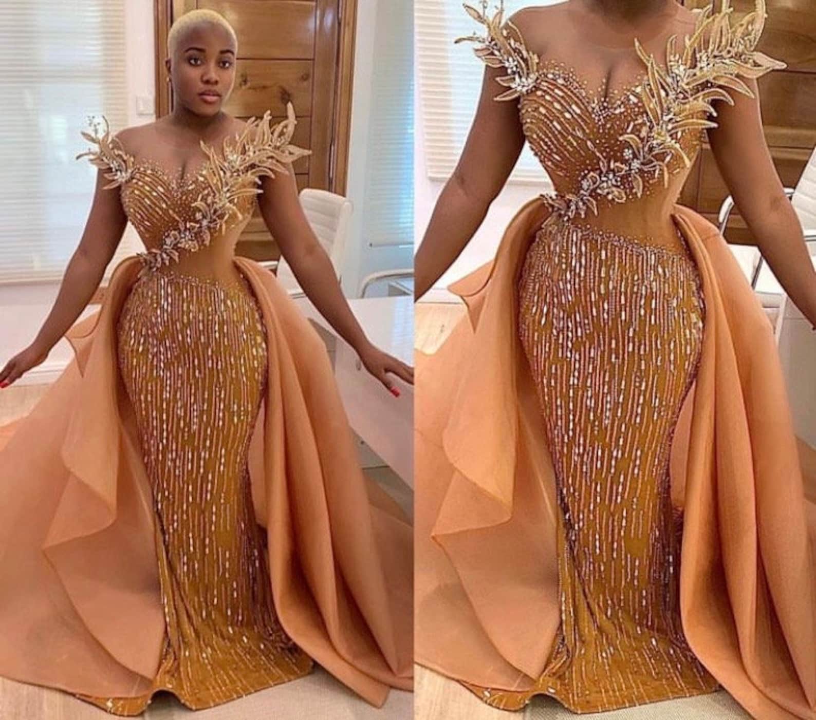 Custom Made Hand Embellished Luxury Gold Evening Gown Gold Wedding/prom ...