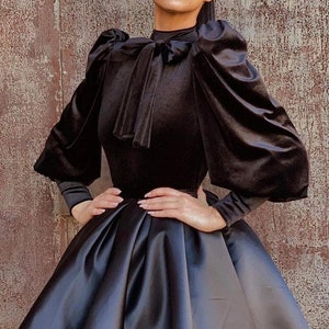 Black Balloon Sleeve Tie Neck High-low Dress Velvet and Satin ...