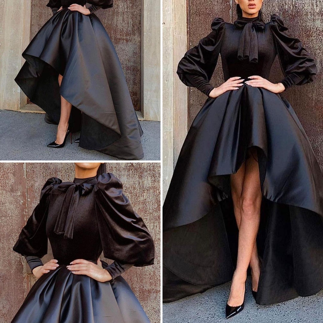 Black Balloon Sleeve Tie Neck High-low Dress Velvet and Satin ...