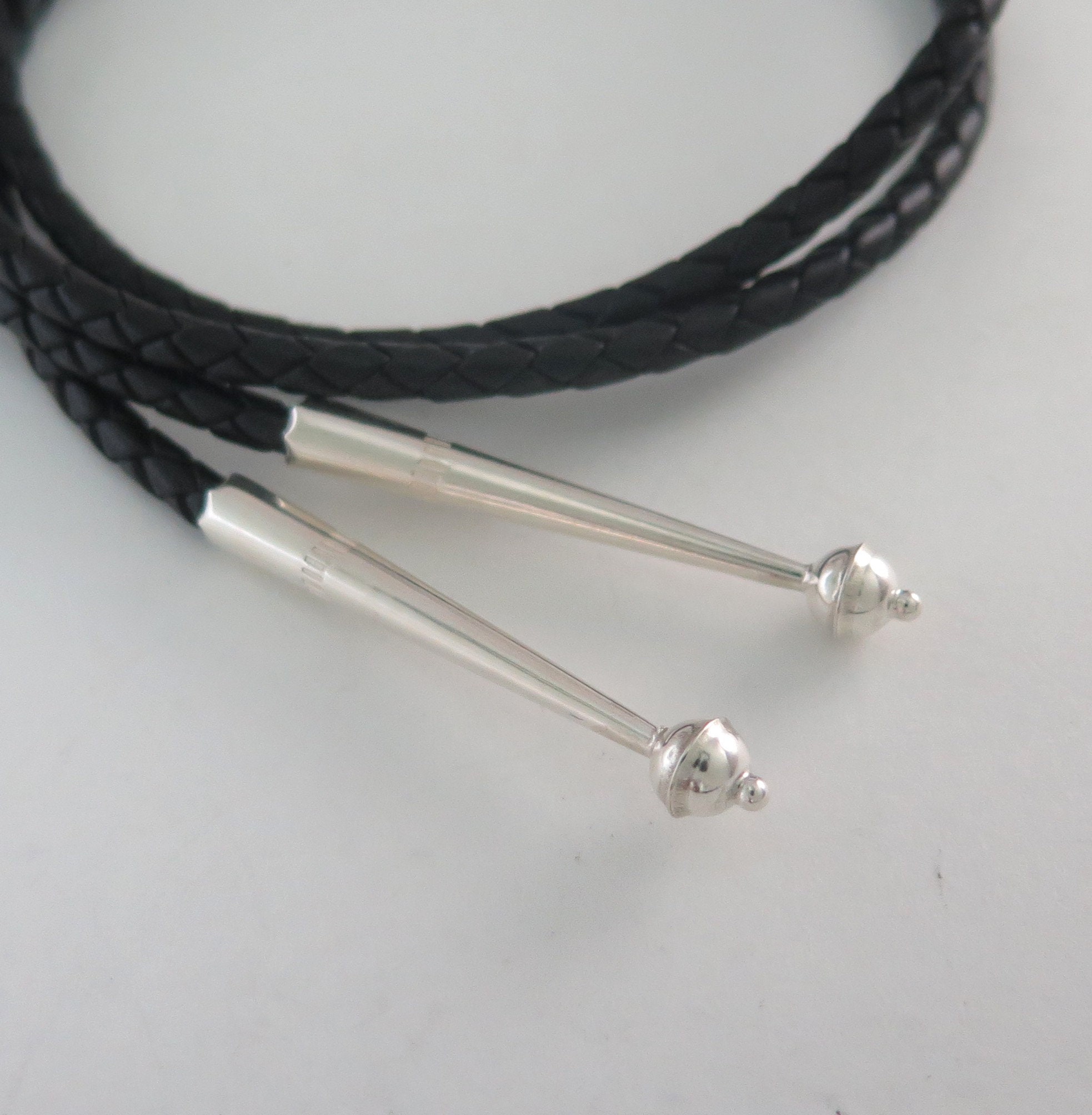 High Quality Braided Black Leather Bolo Tie Cord & Sterling Silver Tips ...