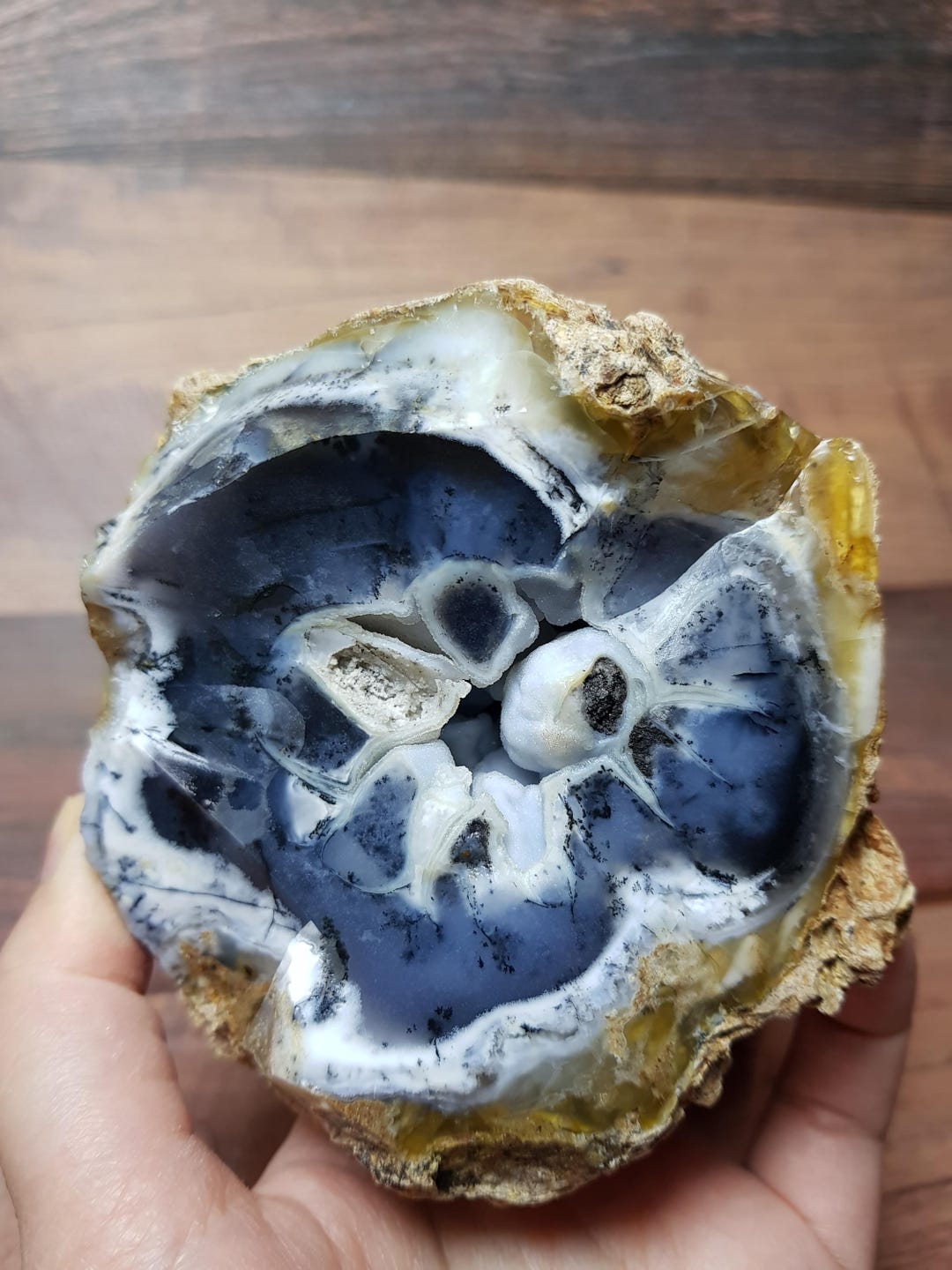 Large Dendritic Opal Geode With Blue Druzy Core | Natural Geode Section ...