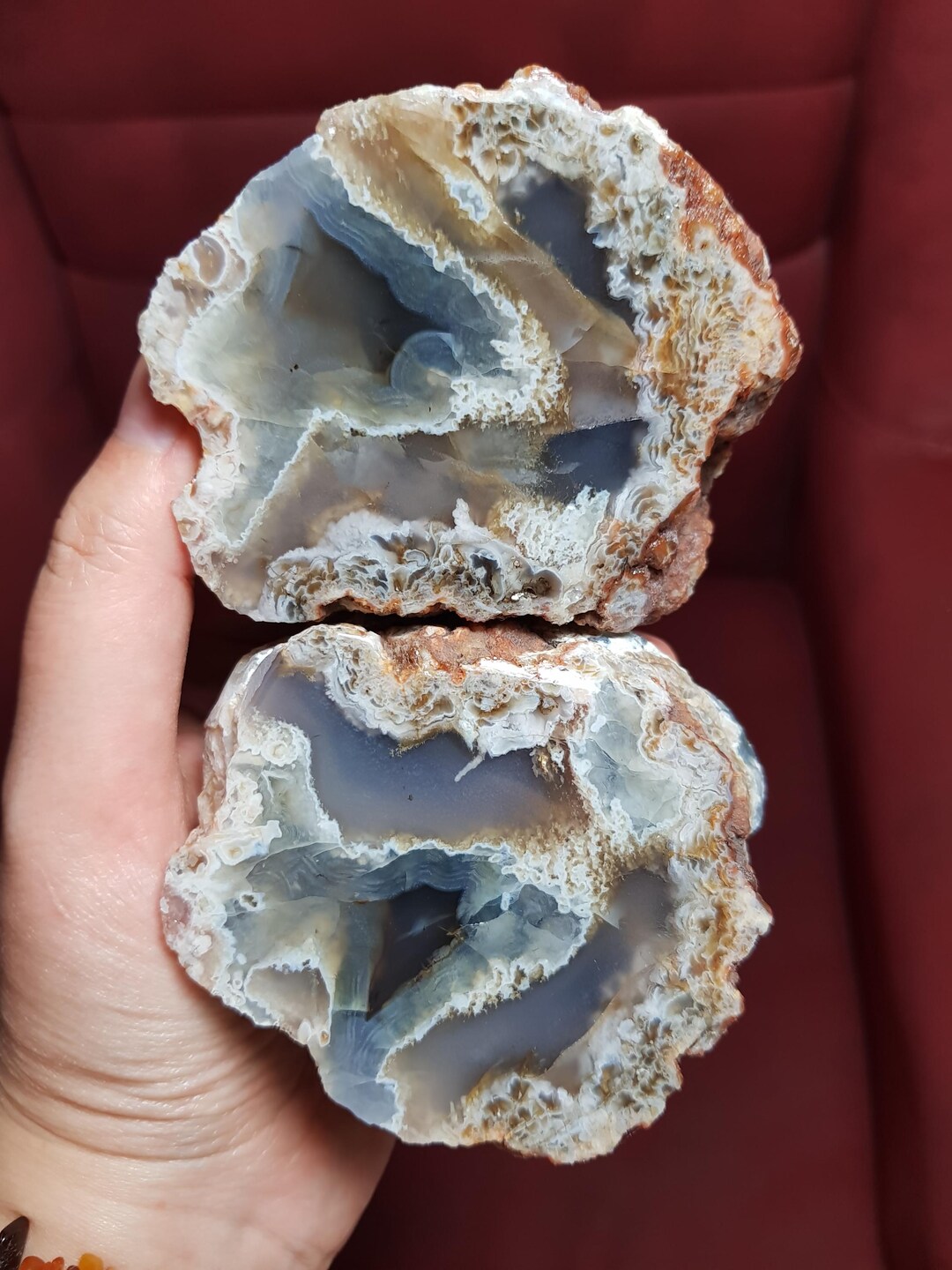 Plume Agate With White and Gold Plumes | Polished Half Pair | Blue-gray ...