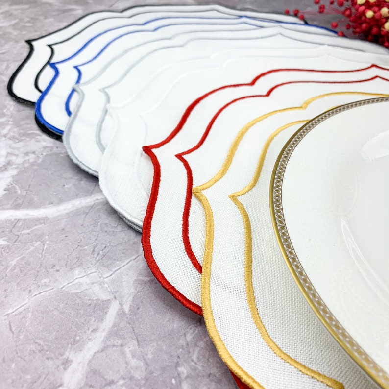 White Linen Medallion Placemats, Embroidered Table Mats With Colorful ...