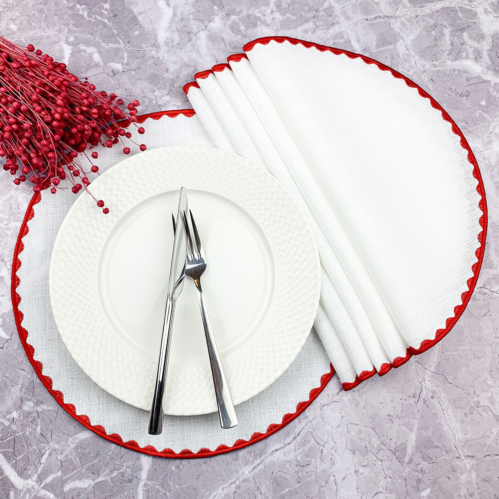 White Linen Round Placemats, Embroidered Table Mats With Colorful Wavy ...